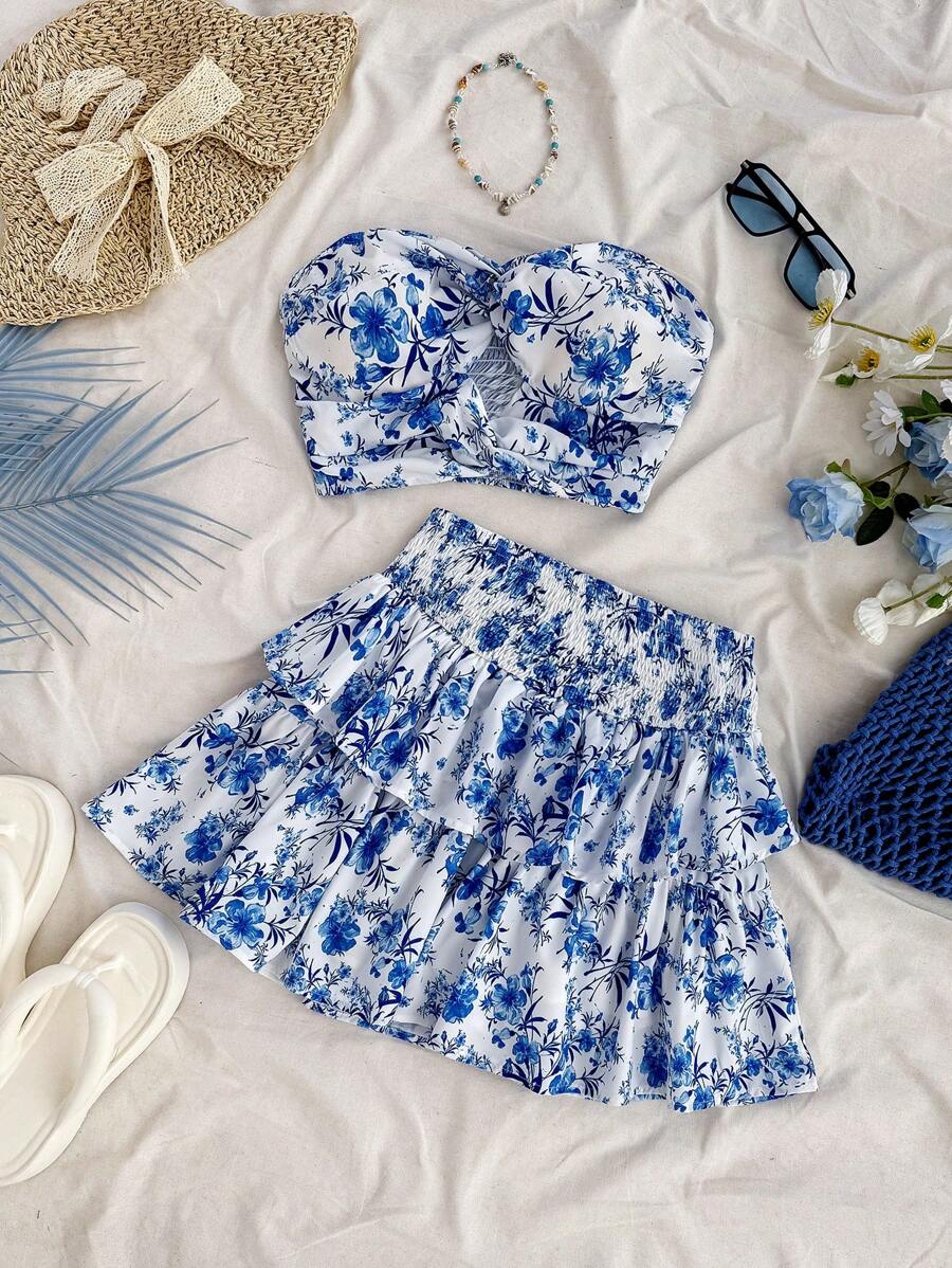 SHEIN WYWH Women Ditsy Floral Twist Bandeau Crop Top & Layered Ruffle ...