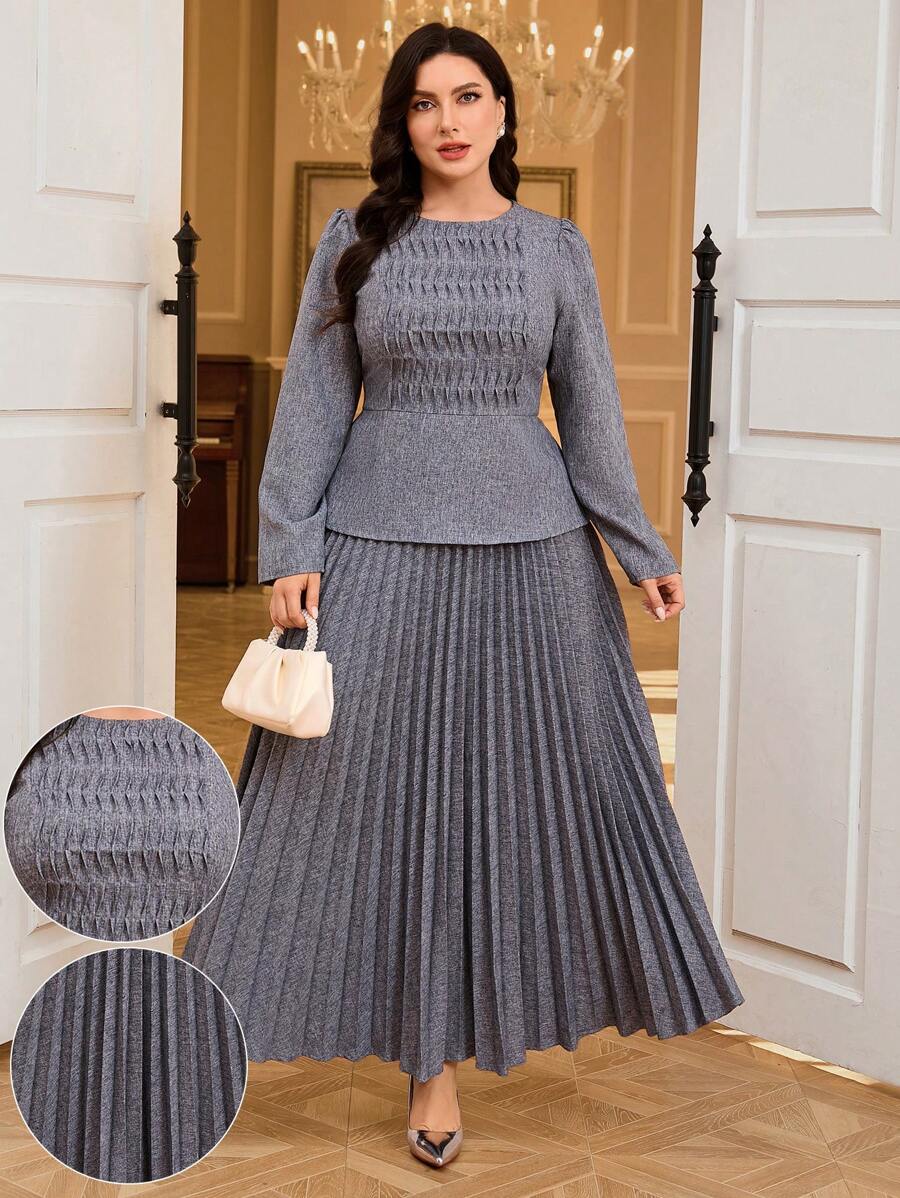 Modelyn Plus Size Elegant Commuting Puff Sleeve Top And Pleated Skirt 2 Pieces Set | SHEIN USA
