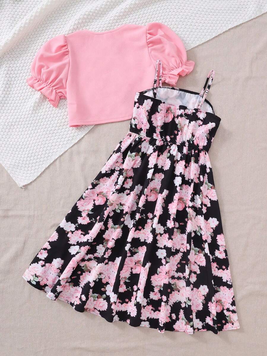 Tween Girl Elegant Puff Sleeve Cardigan And Floral Slip Dress 2-Piece ...