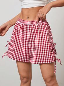 SHEIN PETITE Red Plaid Woven Women's Shorts For Leisure And Vacation ...