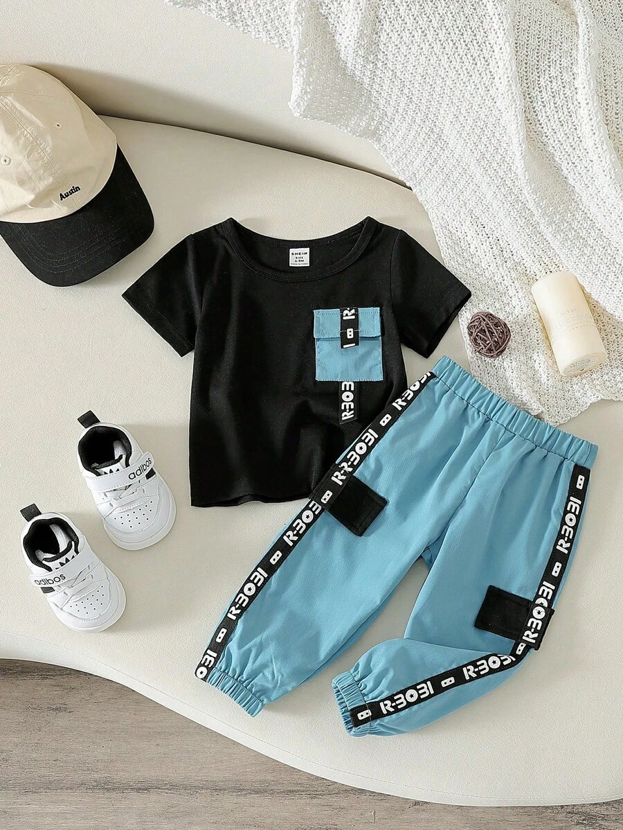 Baby Boy Contrast Color Pocket T-Shirt And Graphic Tape Decor Long ...