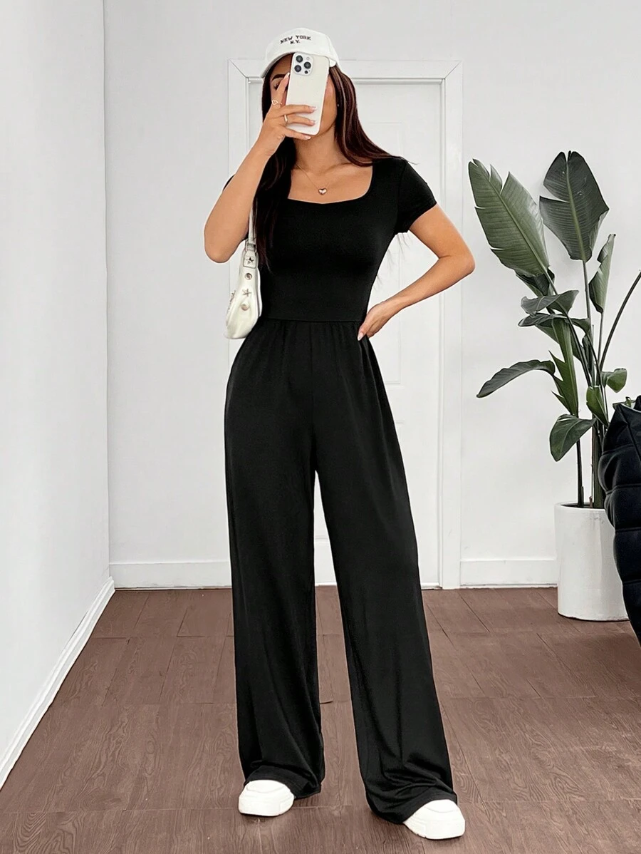 SHEIN EZwear Combinaison décontracté à manches courtes en tricot noir ...