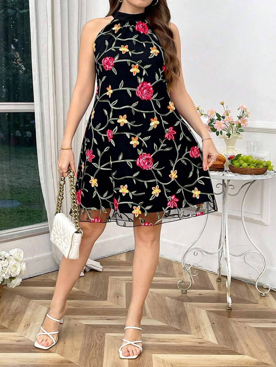 SHEIN Clasi Women's Embroidered Floral Mesh & Ribbed Fabric Sleeveless ...