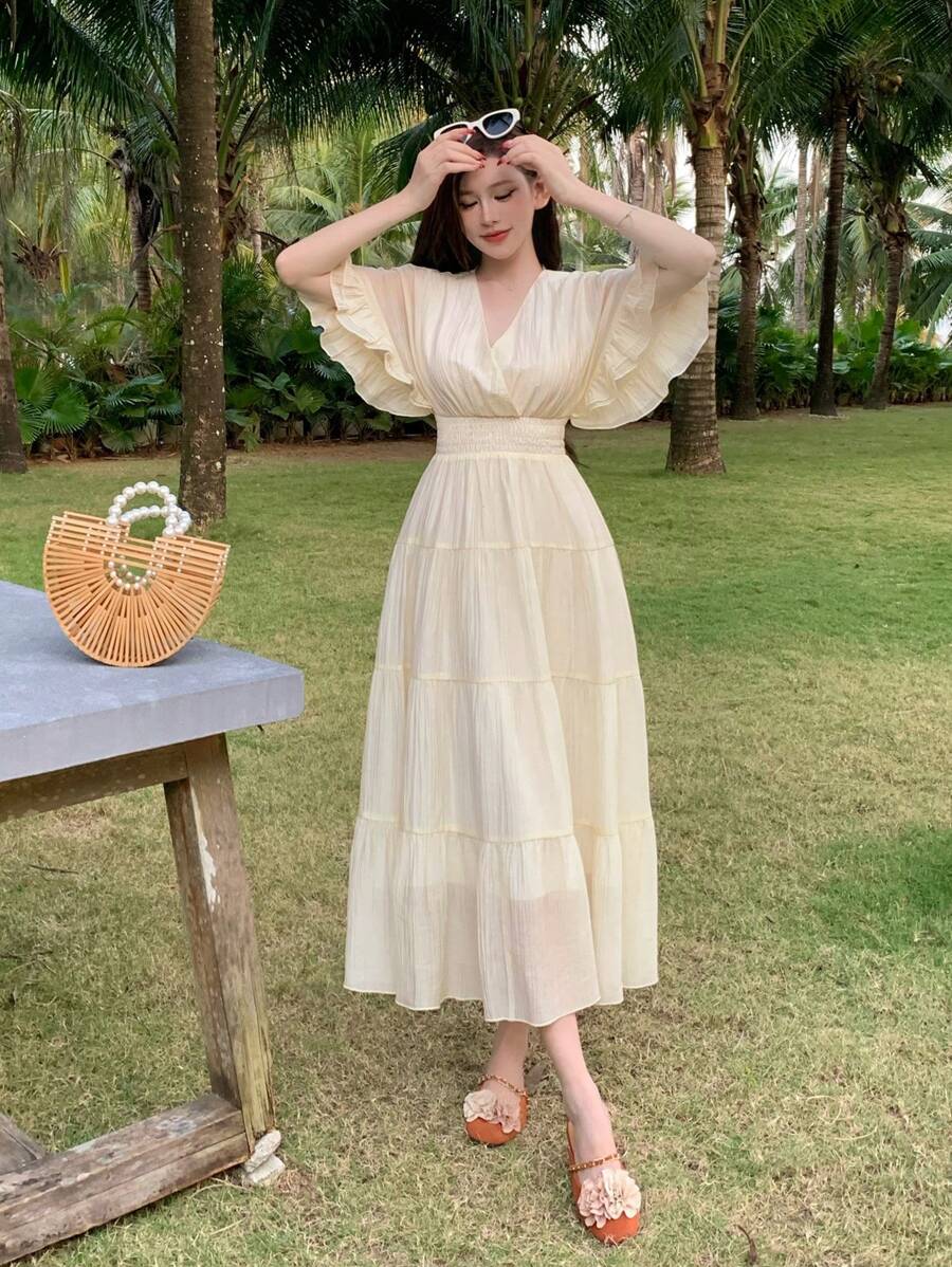 DAZY V-Neck Ruffle Trim Chiffon Midi Dress, Waist Cinched Design For Beach Resort Sundress ...