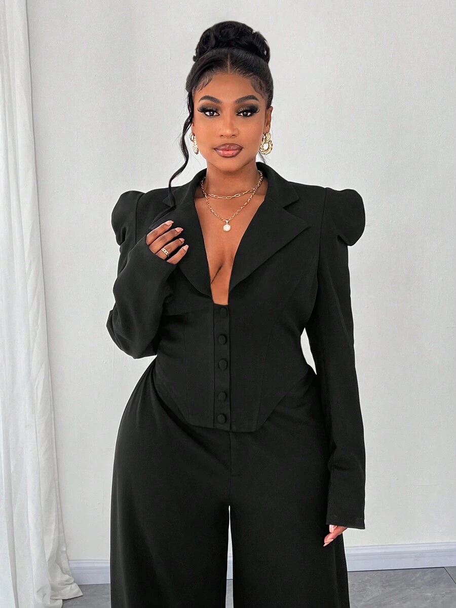 Maweii Plus Size Knitted Elegant Puff Sleeve Lapel Suit Set | SHEIN USA