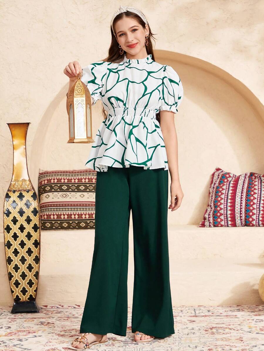 SHEIN 2pcs/Set Teen Girl Elegant Stand Collar Puff Sleeve Ruffle Hem Blouse & Pants Set | SHEIN USA