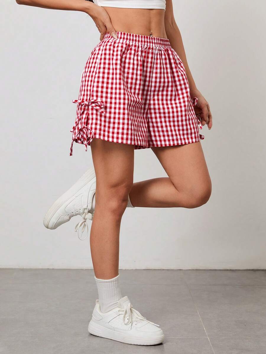 SHEIN PETITE Red Plaid Woven Women's Shorts For Leisure And Vacation ...