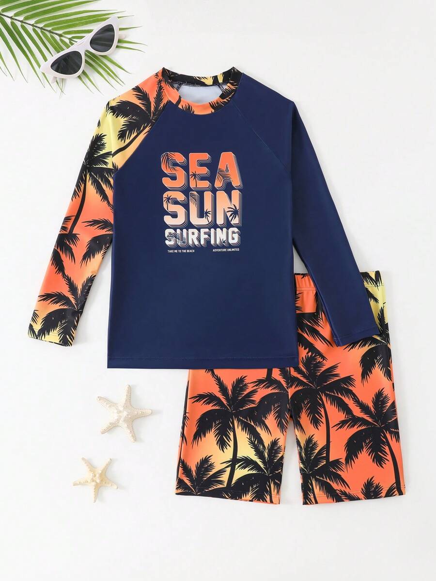 SHEIN Boys' Coconut Tree Print Long Sleeve Swimsuit Set, Colorblock ...