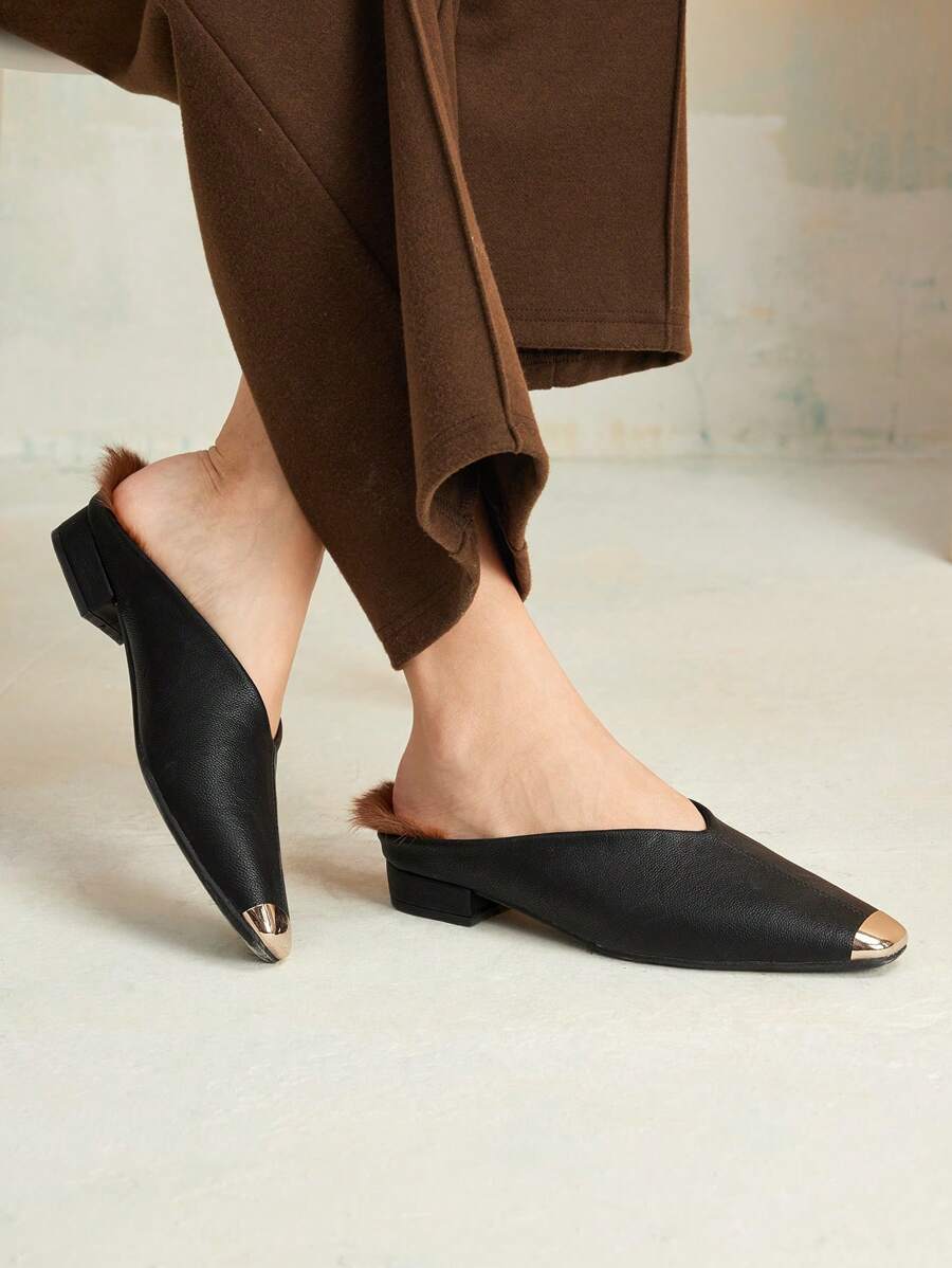 MOTF PREMIUM BLACK RABBIT FUR TRIM WOMEN LOW HEEL BACKLESS SLIDES ...