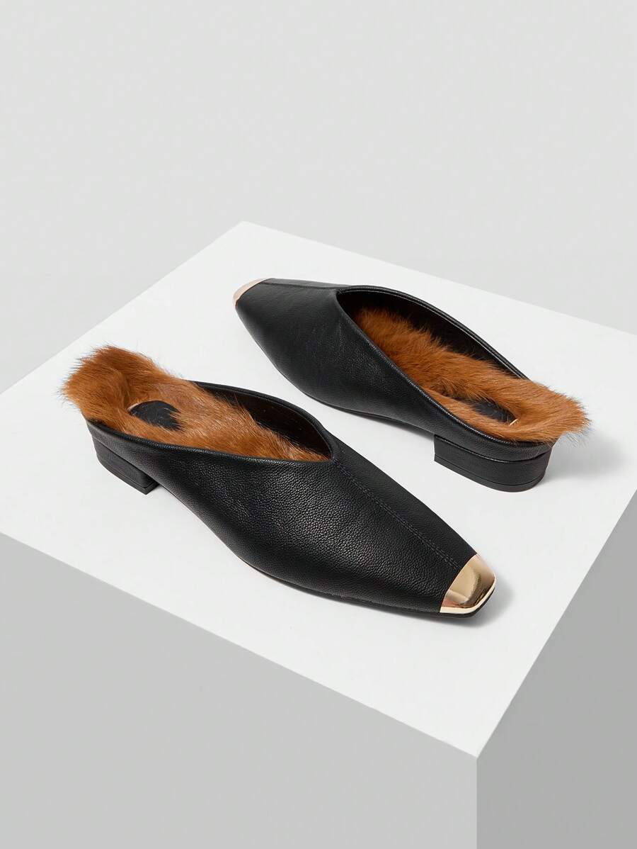 MOTF PREMIUM BLACK RABBIT FUR TRIM WOMEN LOW HEEL BACKLESS SLIDES ...