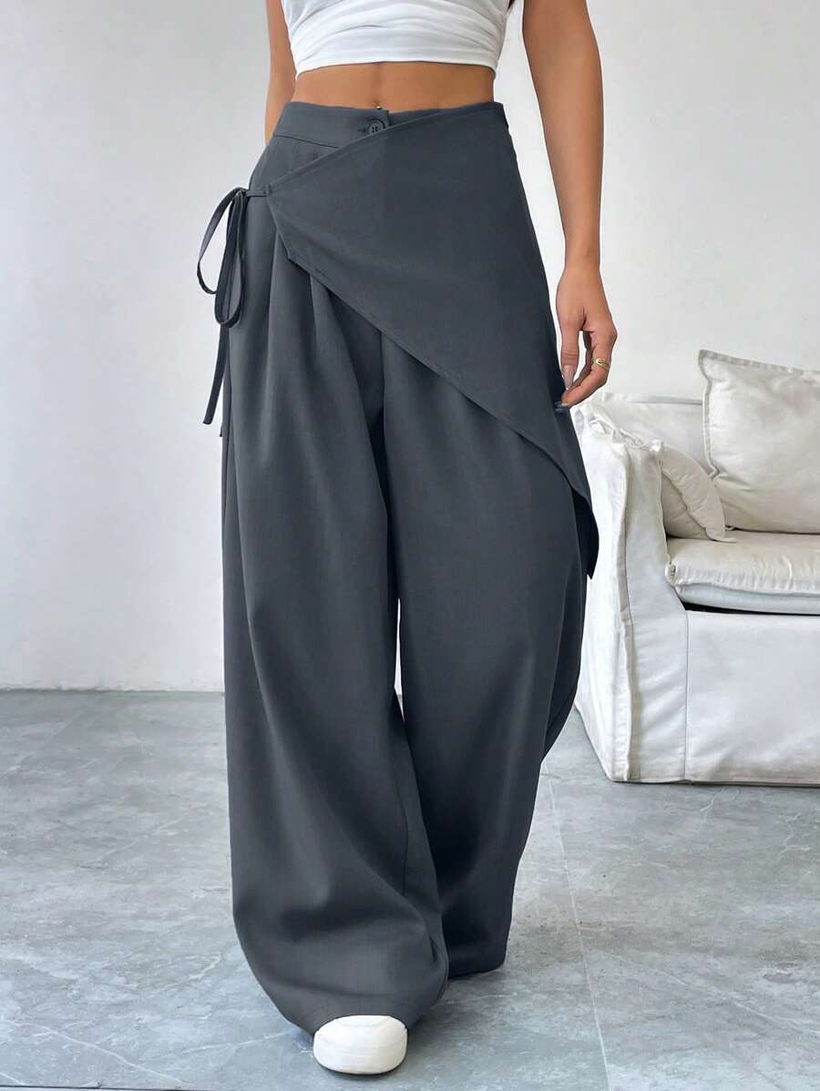 Chiquease Women's Casual Lace-Up Wide-Leg Solid Color Pants, Suitable ...