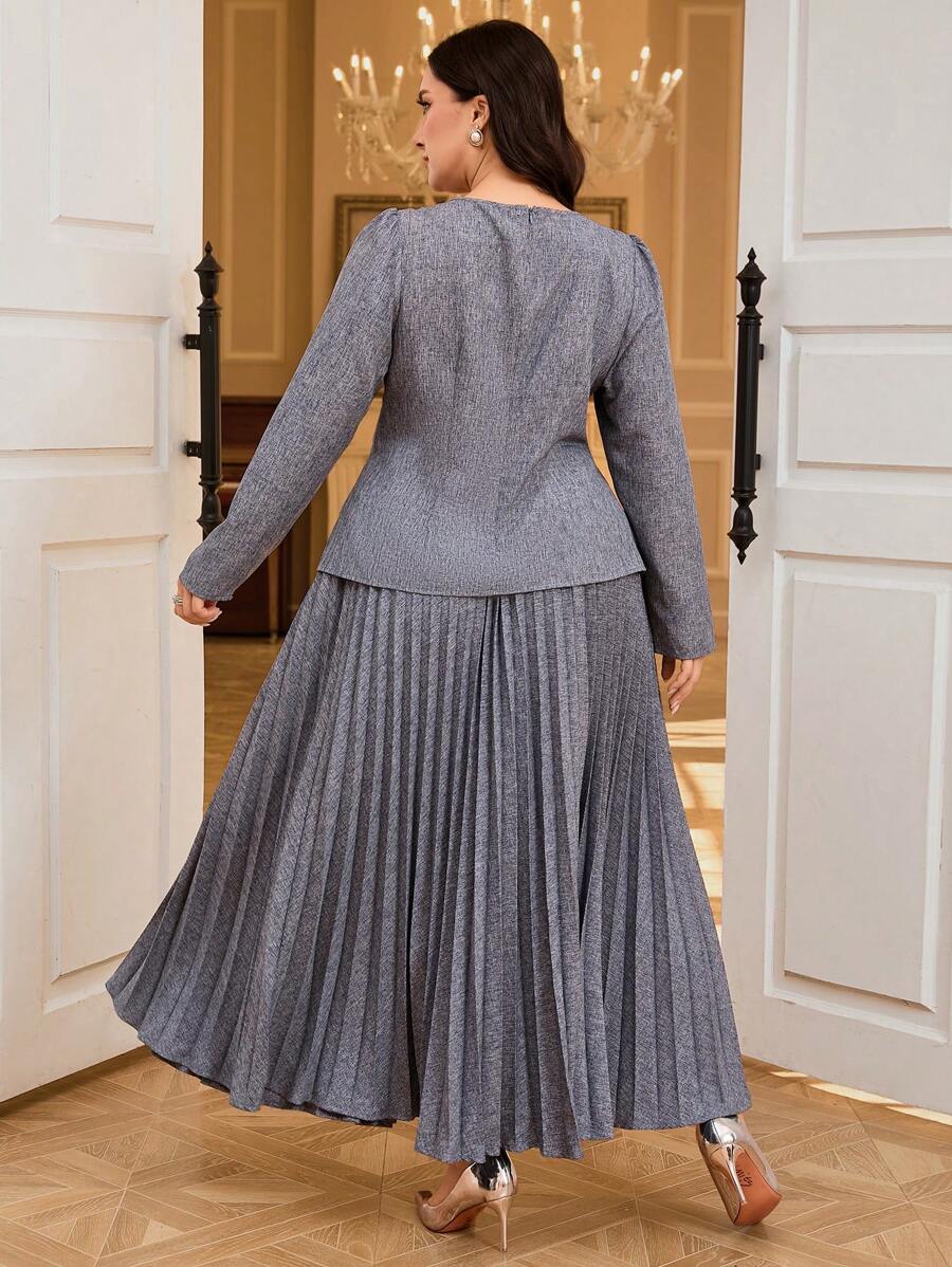 Modelyn Plus Size Elegant Commuting Puff Sleeve Top And Pleated Skirt 2 Pieces Set | SHEIN USA