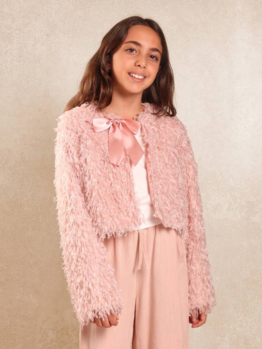 SUMWON ツイーンガールの ピンク ボクシーフラッフィジャケット リボン付き | #SHEIN新生活応援セール