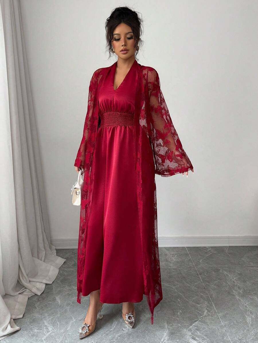 SHEIN Modely Women 2 Pieces Set: Butterfly Net Sheer Outer Robe ...