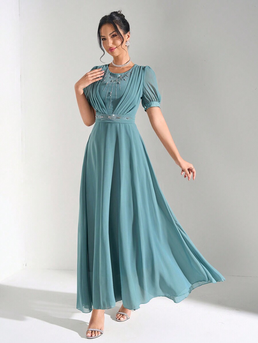 SHEIN Belle Luxury Rhinestone Patchwork Long Dress, Elegant ...