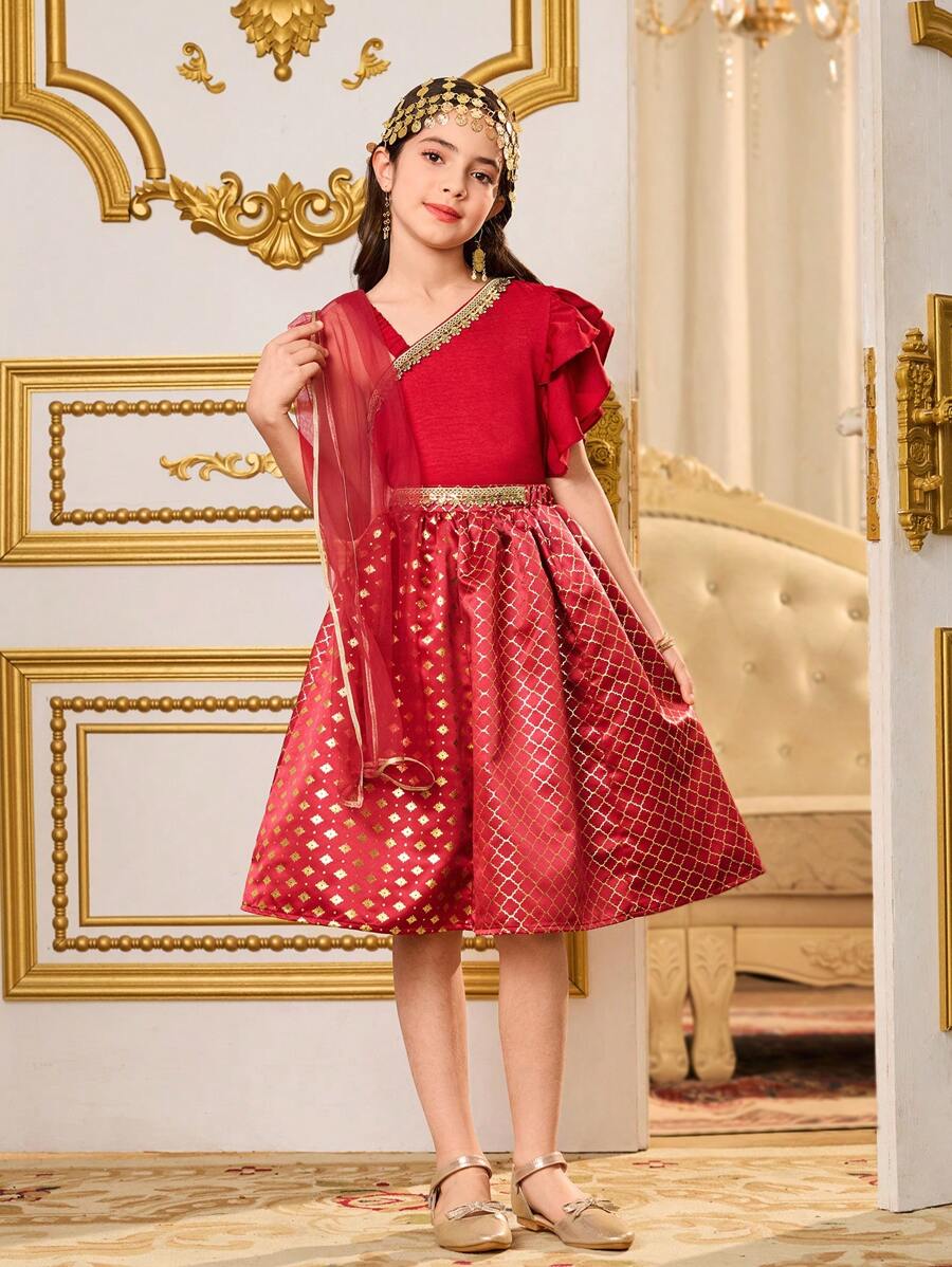 Tween Girls Sets Modely Tween Girl Red Asymmetric Neck Bridesmaid Dress ...
