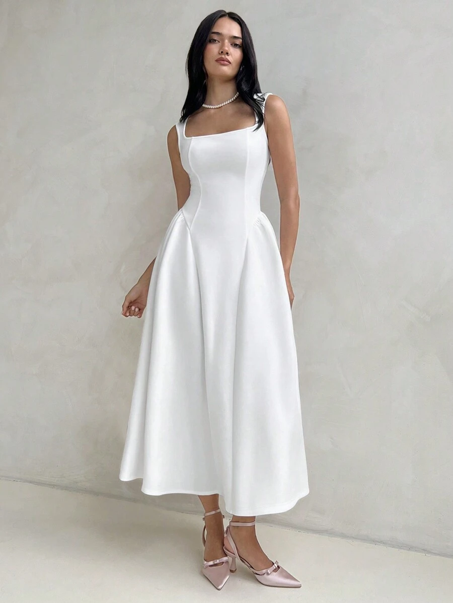 Aloruh Women's White Long A-Line Peplum Square Neck Sexy Elegant ...