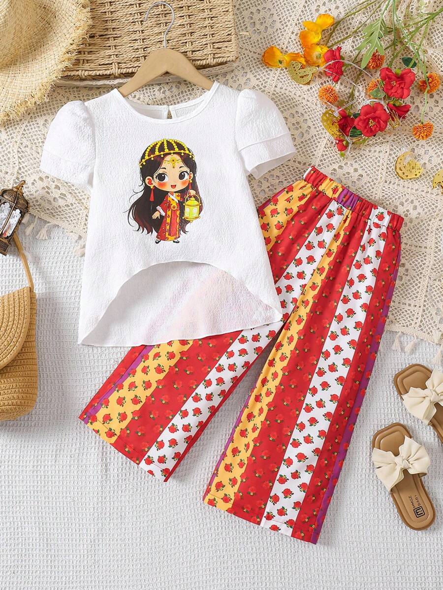 SHEIN 2-Piece Young Girl Set: Casual Simple Short Sleeve T-Shirt And Pants Outfit, Daily Wear ...