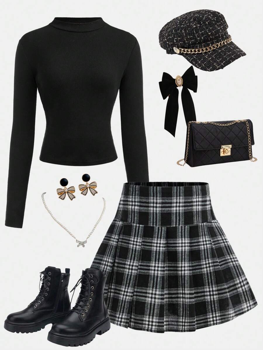 SHEIN Teen Girls College Style School Outfit, Solid Color Stand Collar ...