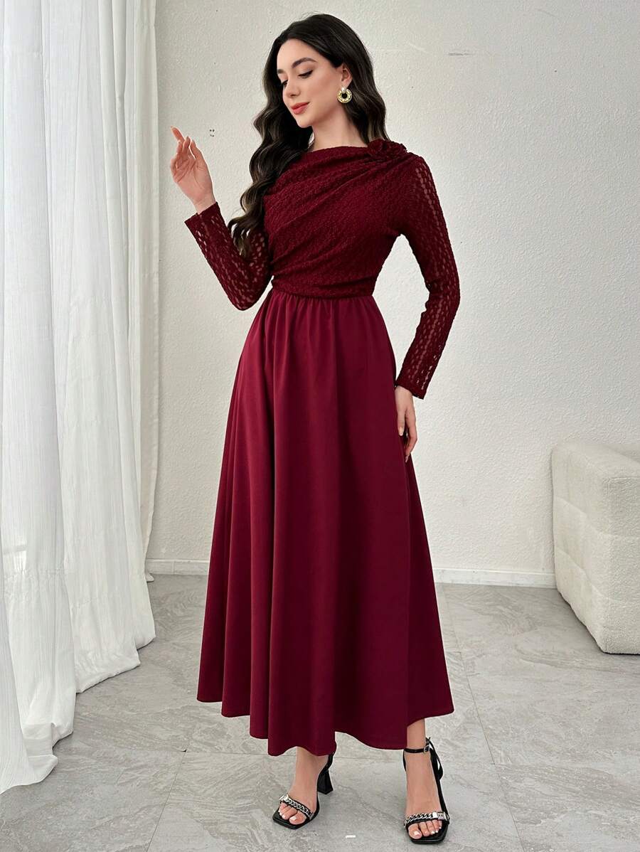 SHEIN Modely Vestido Floral Longo com Mangas Longas, Splice em Jacquard de Tela para Mulheres ...