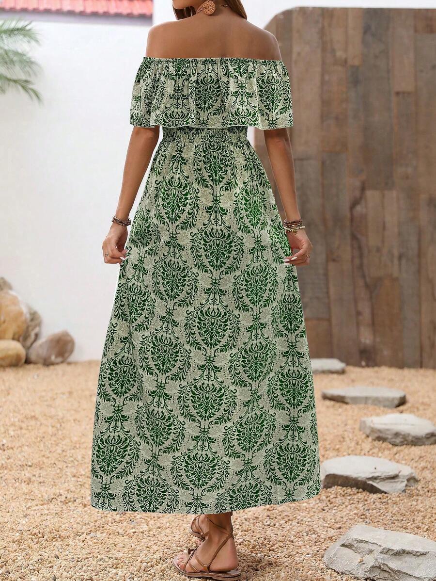 Breezaya Women's Flora Print Off Shoulder High-Low Hem Dress With Ruffle Trim Maxi Vacation ...