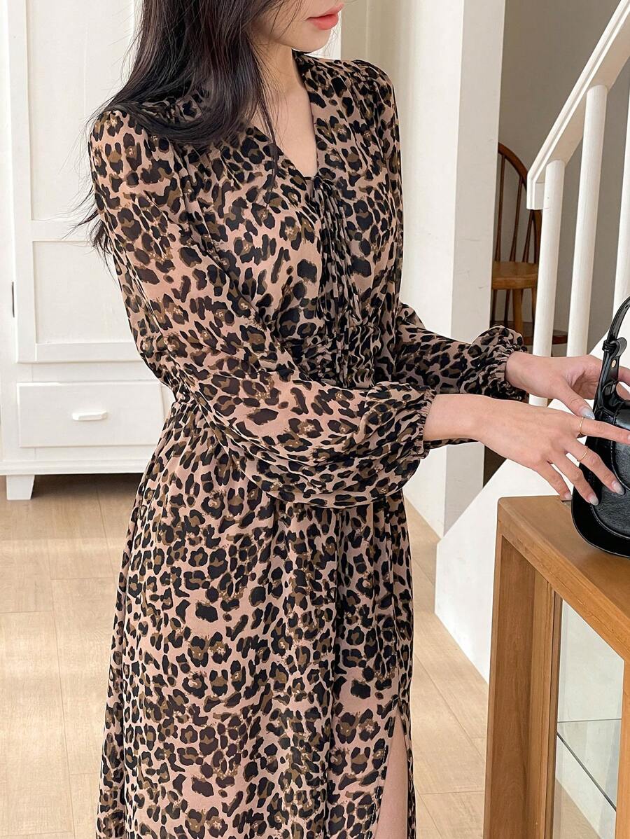 DAZY French Style Leopard Print Long Waist-Cinched Dress For Women ...