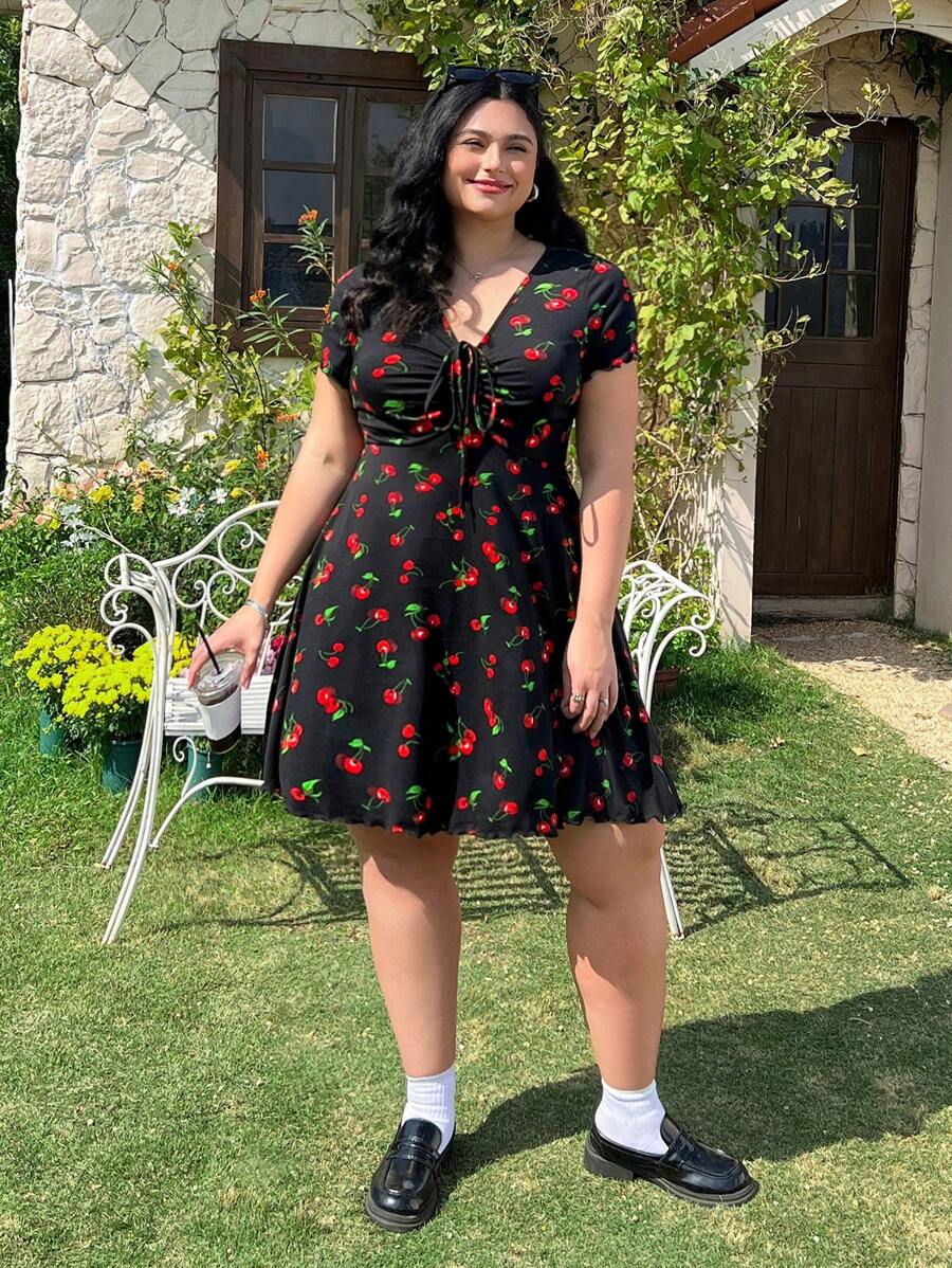 SHEIN EZwear Plus Size Sleeveless Cherry Print A-Line Dress With Chest Ruching, Elastic Waist ...