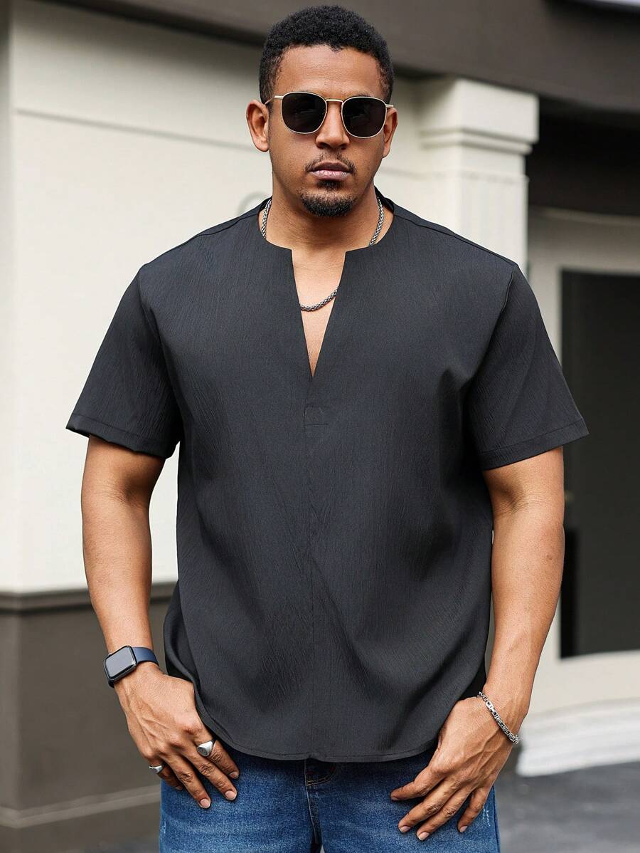 Manfinity Homme Plus Size Men's Solid Color V-Neck Casual Short Sleeve ...