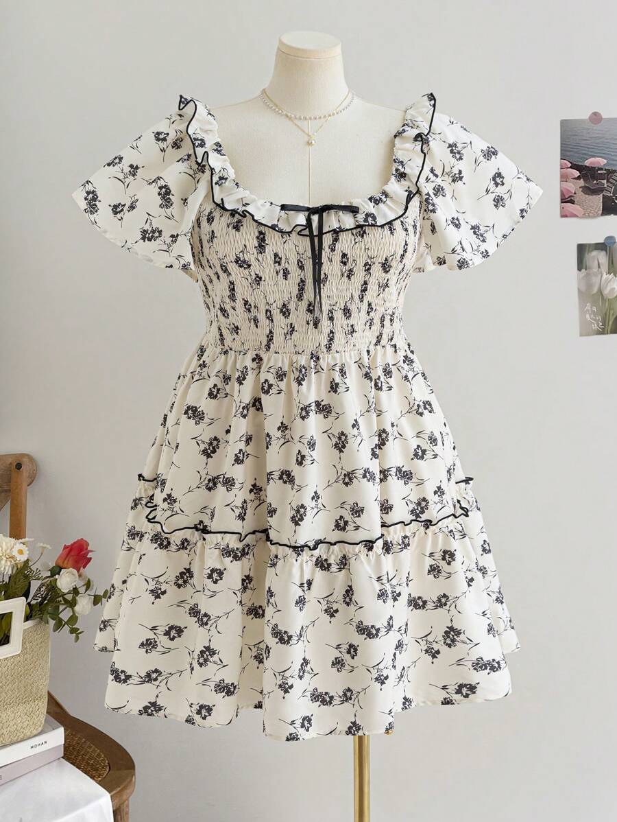 Soleia Women's Plus Size Boho Vacation Black & White Floral Print Square Neck Ruffle Sleeve ...