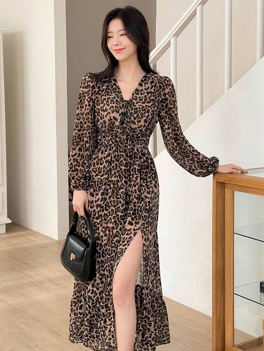 DAZY French Style Leopard Print Long Waist-Cinched Dress For Women | SHEIN Singapore