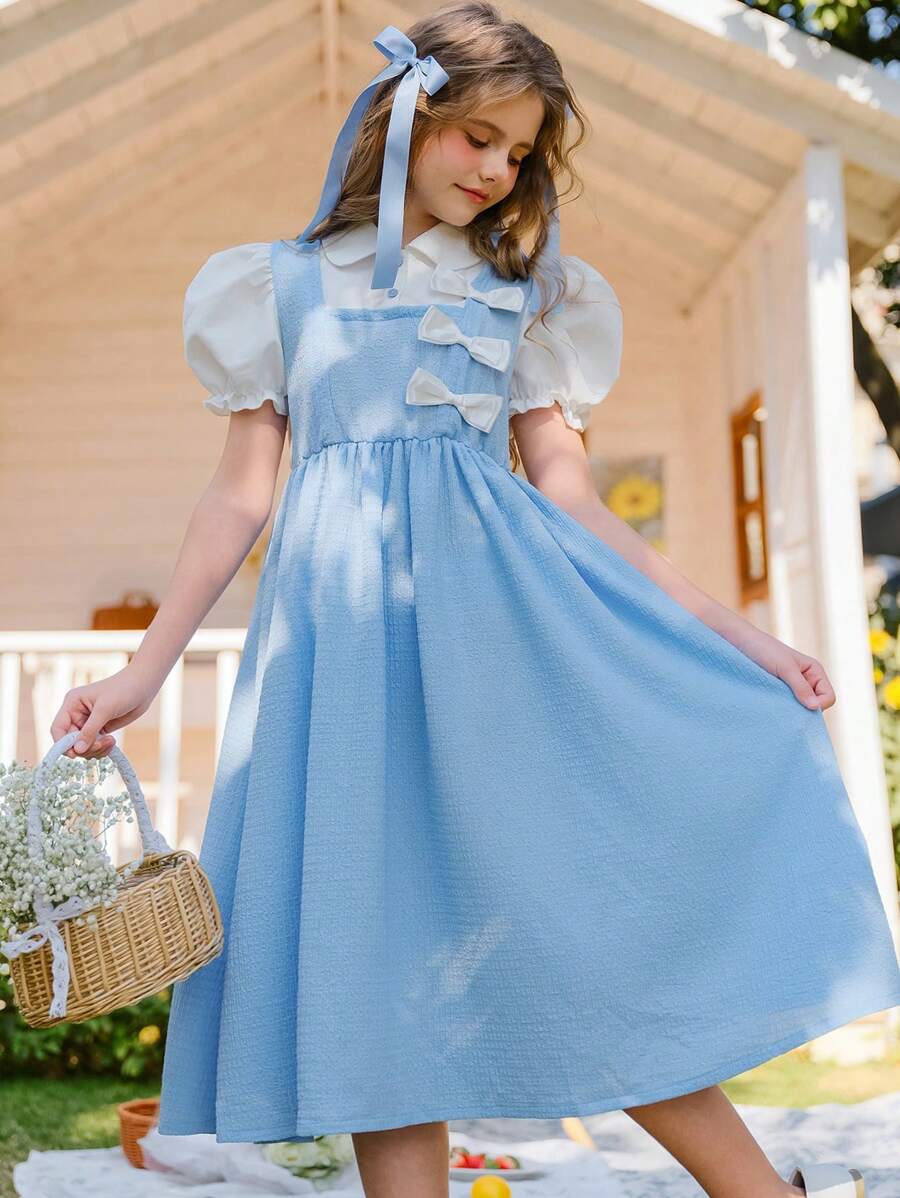 Lunivi Tween Girls 2 In 1 Puff Sleeve Bow Tie Waist Maxi Dress, Elegant ...