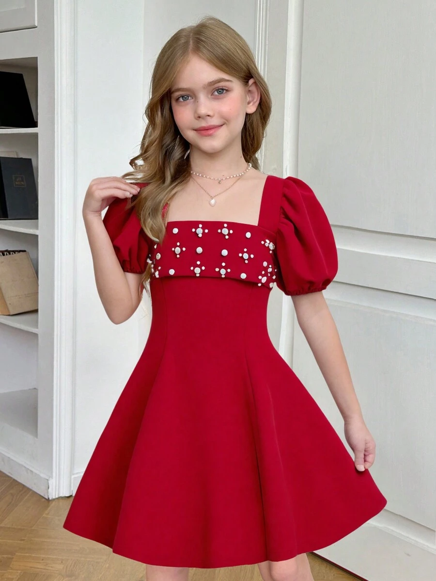 SHEIN Tween Girl Sweet Puff Sleeve Square Neck Beaded A-Line Dress ...