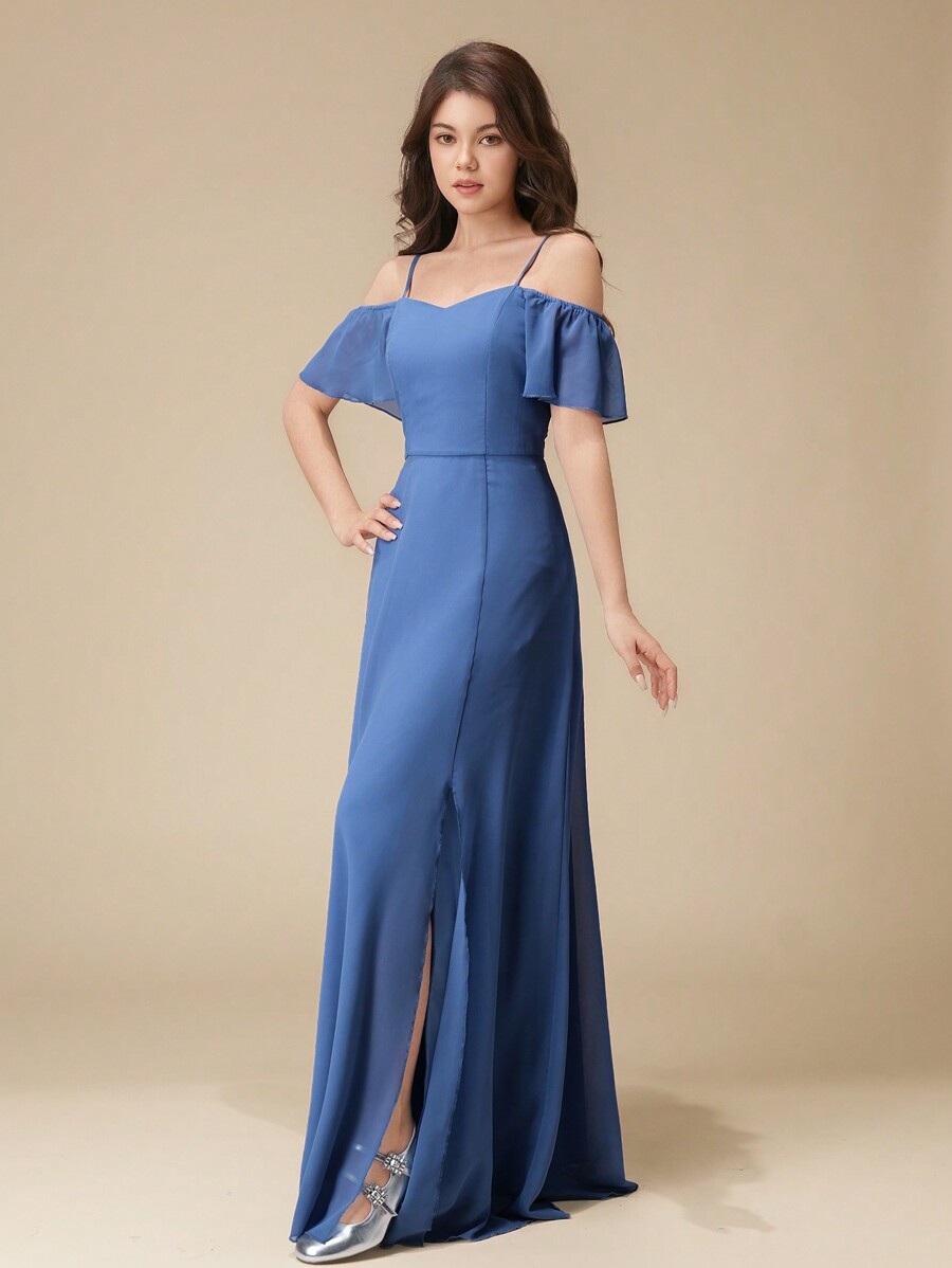 Teen Girls Off Shoulder Chiffon Bridesmaid Dress With High Slit