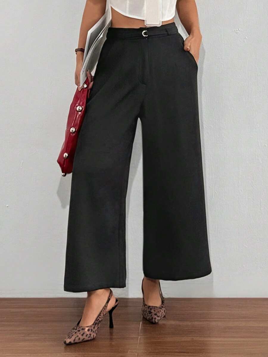 SHEIN EZwear Women Old Money Style Black Woven Culotte Pants With Belt ...