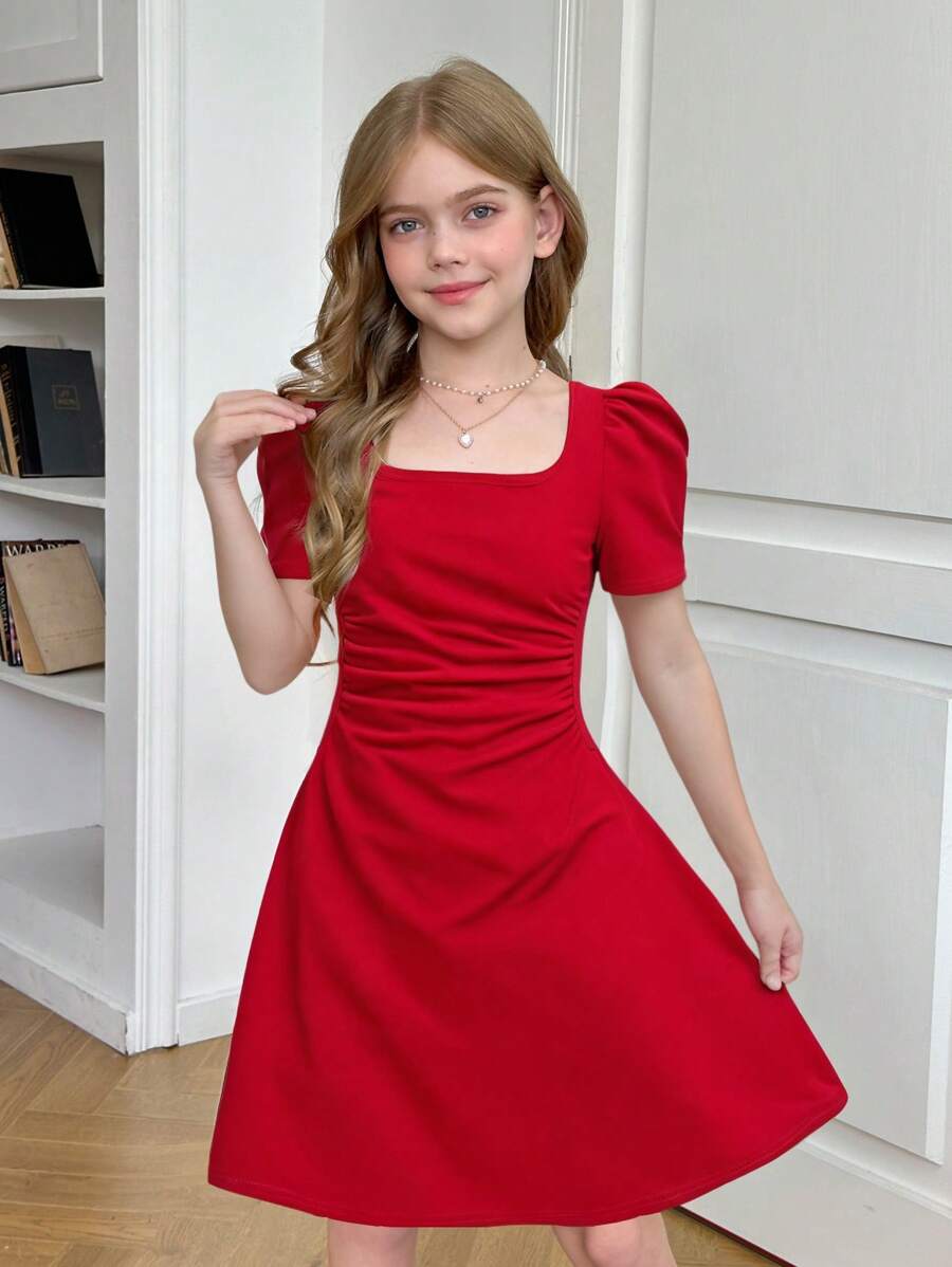 Tween Girls Elegant Gigot Sleeve Square Neck Solid Red Short Lantern ...