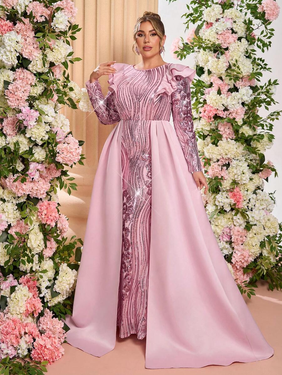 Glamrae Plus Size Sequin-Patchwork Satin & Sateen Ruffle Sleeve Maxi ...