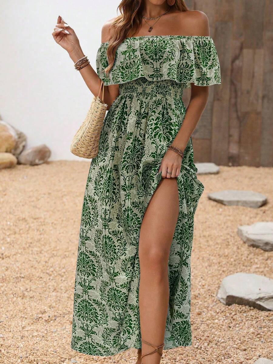 Breezaya Women's Flora Print Off Shoulder High-Low Hem Dress With Ruffle Trim Maxi Vacation ...