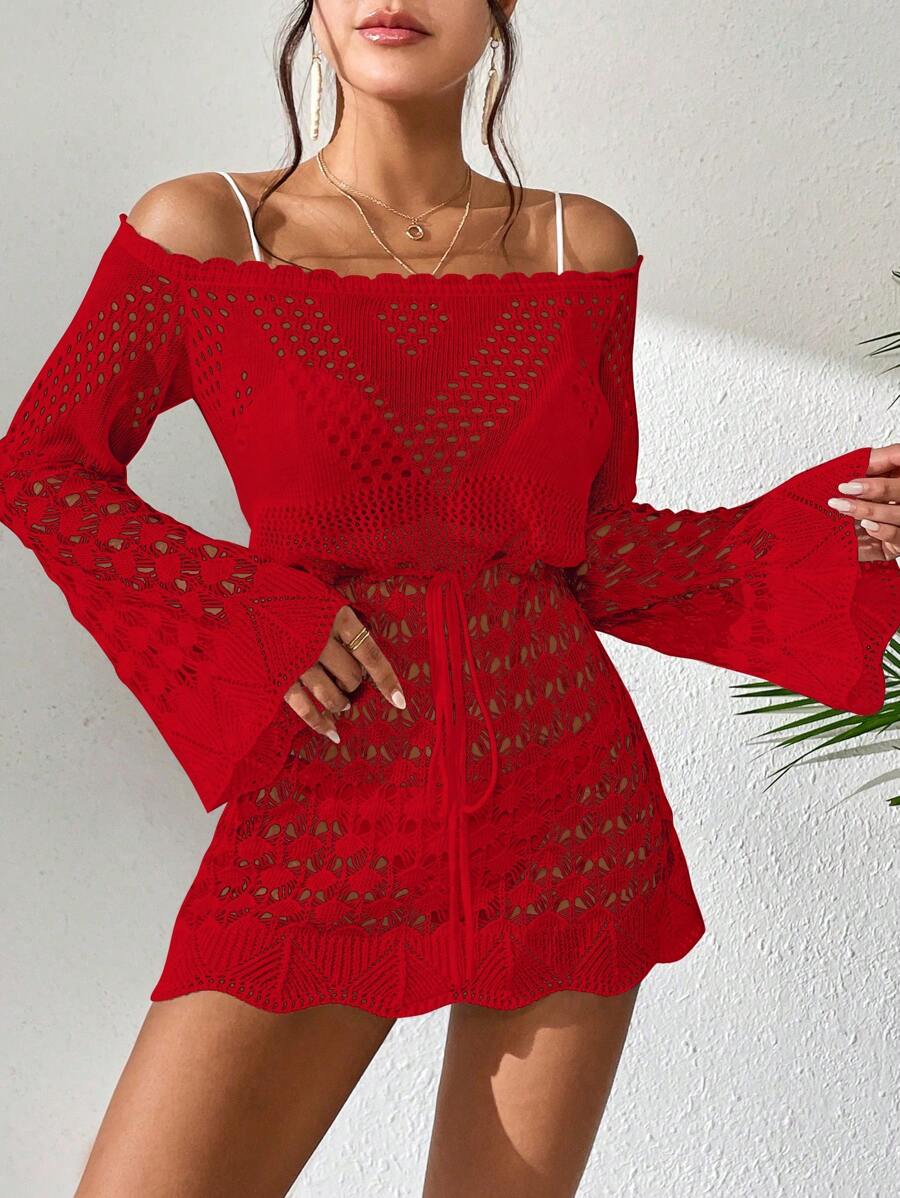 Springbreak Hollow Out Drawstring Waist Off Shoulder Cover Up Dress ...