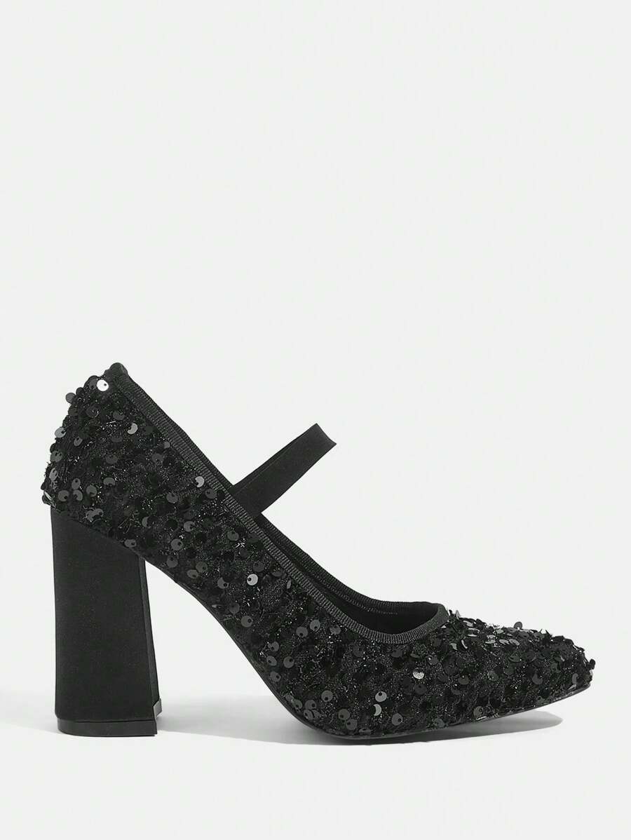 CUCCOO TILAWA Black Rhinestone Thick Heel Dress Pumps, Elegant Casual ...
