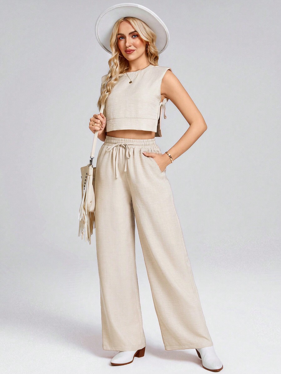 SHEIN Wildara 2pcs Set Women Linen-Like Color Block Bow Tie Sleeveless ...