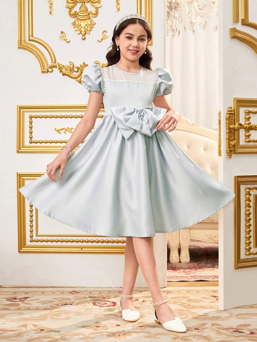 Tween Girl' Puff Sleeve Pearl Satin Princess Dress, Elegant For Party ...