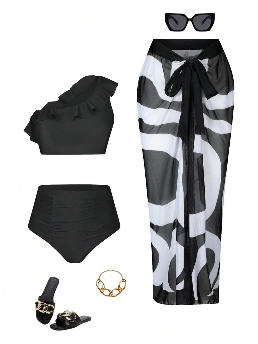 Swim Oasis Plus Size Women's 3 Pieces Set Asymmetrical Print Ruffle ...