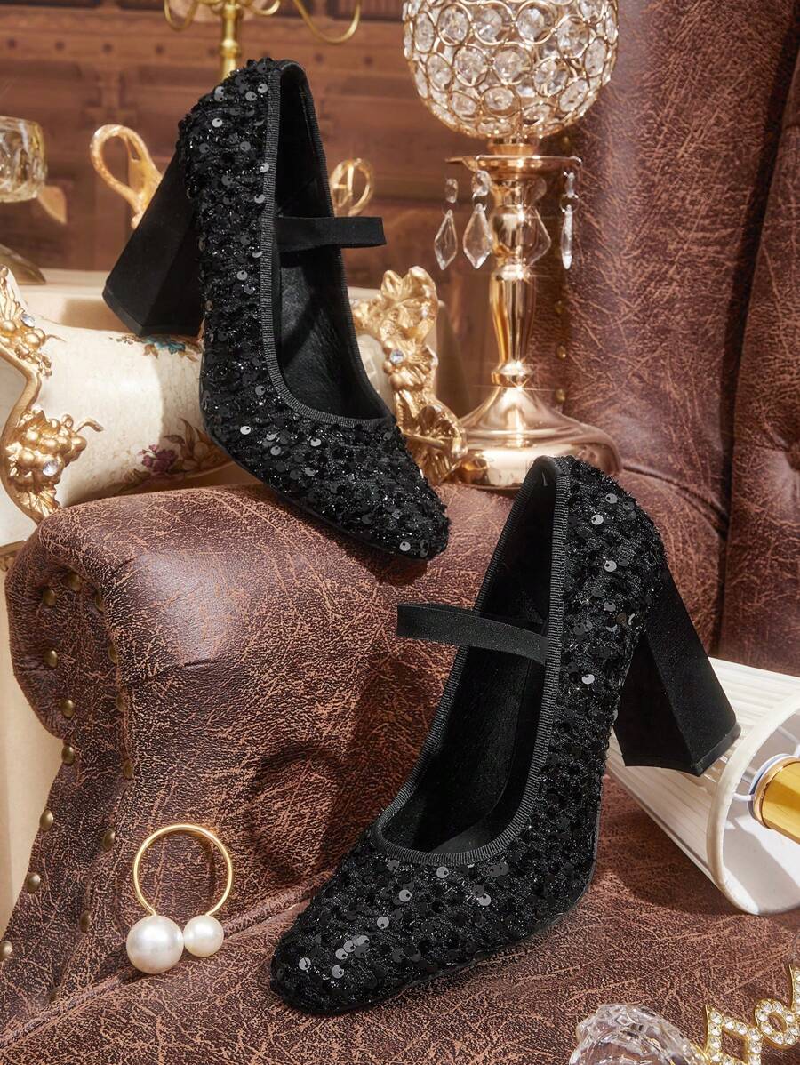 CUCCOO TILAWA Black Rhinestone Thick Heel Dress Pumps, Elegant Casual ...