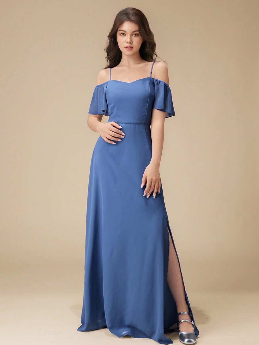 Teen Girls Off Shoulder Chiffon Bridesmaid Dress With High Slit ...