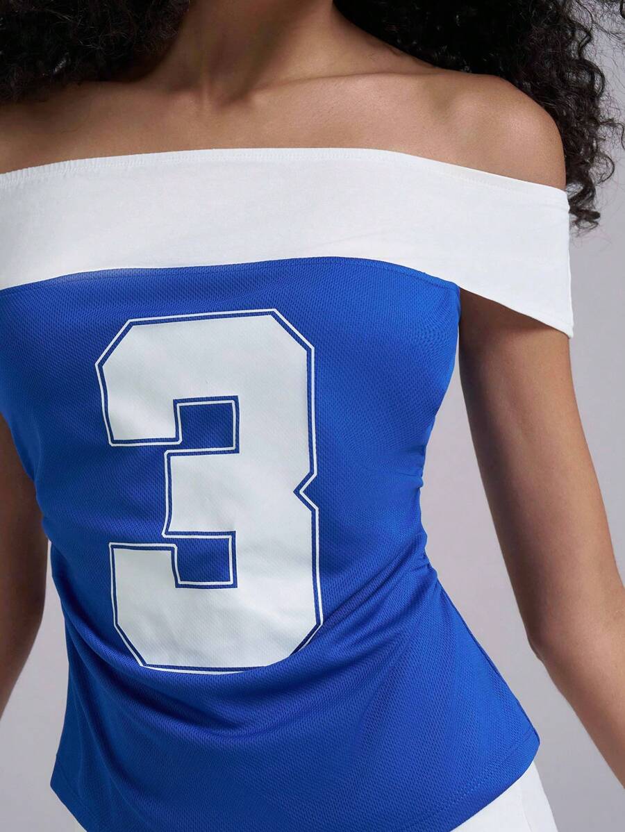 Easelle Blue Knit Off Shoulder Casual Numeric Print Blouse For Women ...