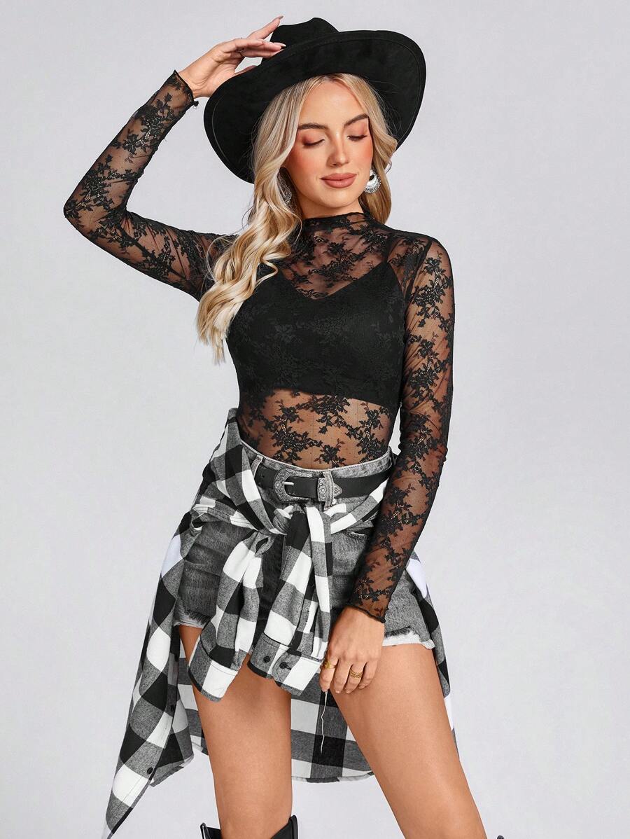 Wildy Summer Black Mesh Sheer Lace Country Western Music Festival ...