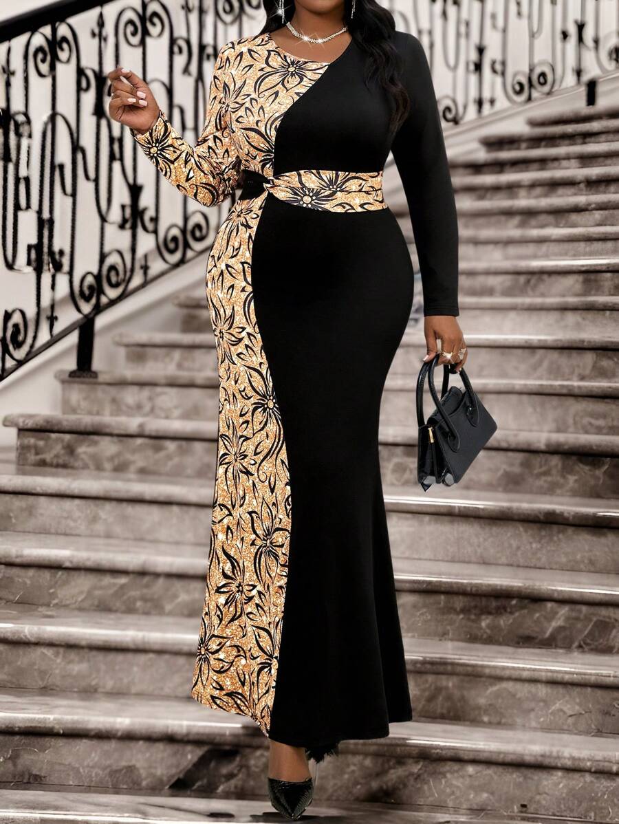 SHEIN Lady Autumn And Winter Elegant Commuting Office Colorful Knitted Round Neck Mermaid Long ...