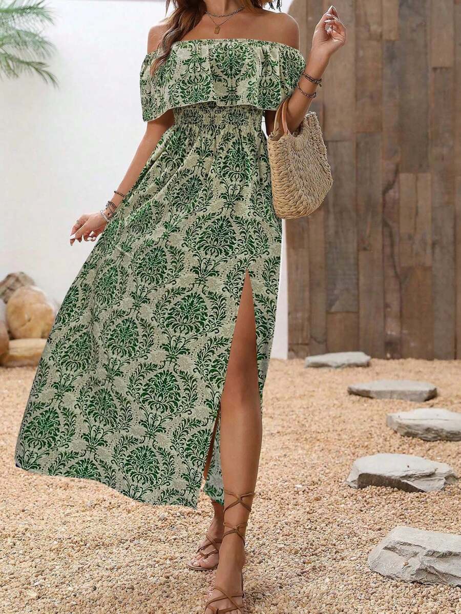 Breezaya Women's Flora Print Off Shoulder High-Low Hem Dress With Ruffle Trim Maxi Vacation ...