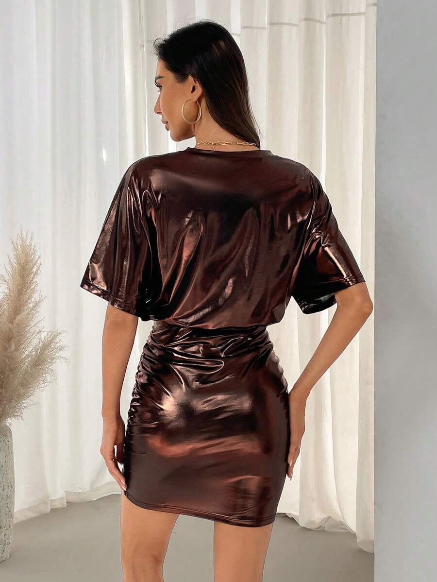 SHEIN LUNE Shiny Sequin Fabric Elegant Party Champagne Short Sleeve ...