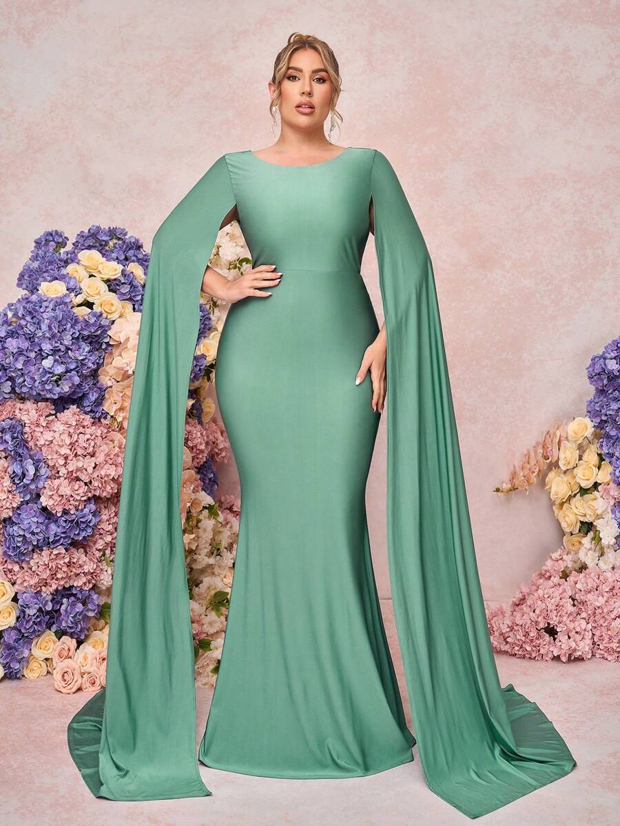 SHEIN Belle Plus Size Elegant Simple Green Extra Long Cloak Sleeve Open ...